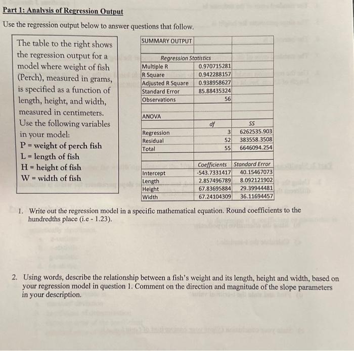 Solved Part 1: Analvsis of Regression Output Use the | Chegg.com