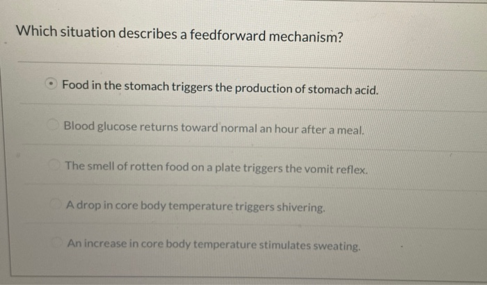 Solved Which situation describes a feedforward mechanism? | Chegg.com
