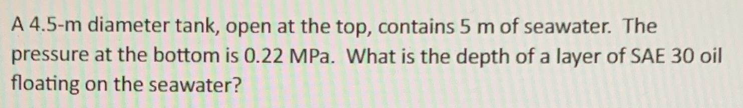 Solved A 4.5-m diameter tank, open at the top, contains 5m | Chegg.com