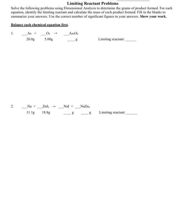 Solved Limiting Reactant Problems Solve the following | Chegg.com