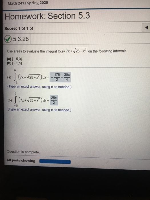 Solved Math 2413 Spring 2020 Homework: Section 5.3 Score: 1 | Chegg.com