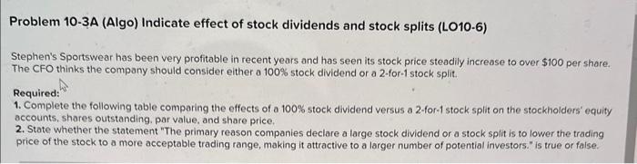 Solved Problem 10-3A (Algo) Indicate effect of stock | Chegg.com