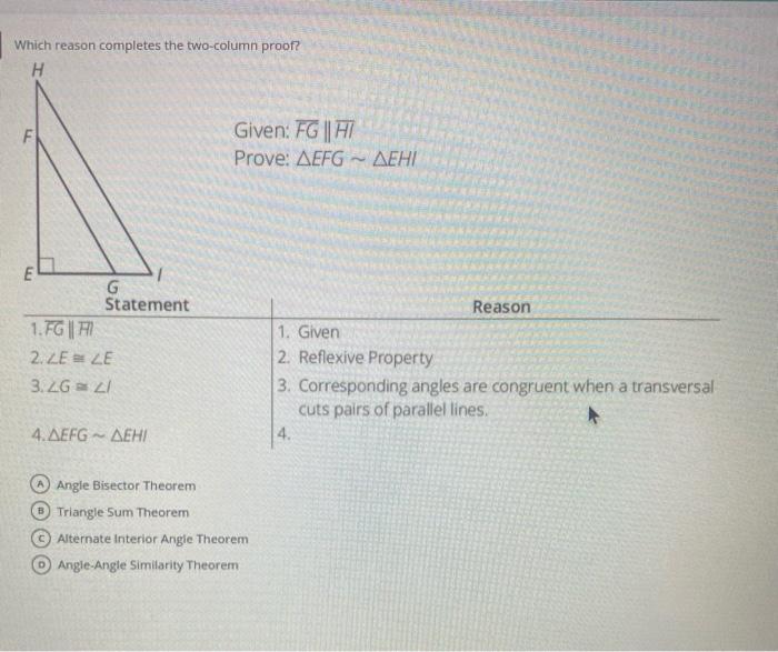 Solved Which reason completes the two-column proof? H F | Chegg.com