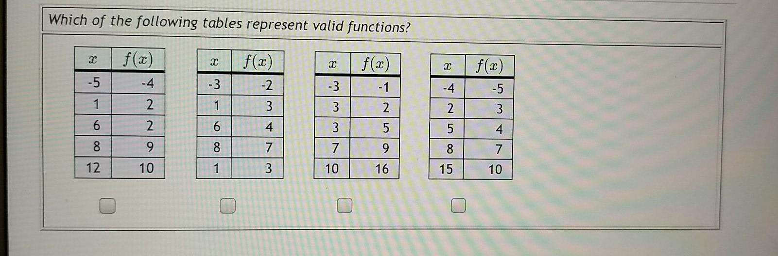 Solved Which of the following tables represent valid | Chegg.com