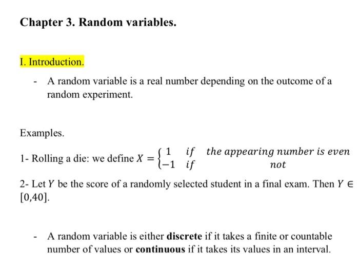 Solved Chapter 3. Random variables. I. Introduction. A | Chegg.com