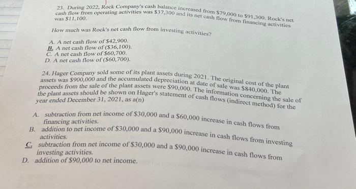Solved 23. During 2022, Rock Company's cash balance | Chegg.com
