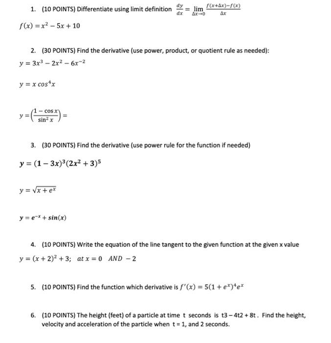 Solved 1. (10 POINTS) Differentiate using limit definition | Chegg.com