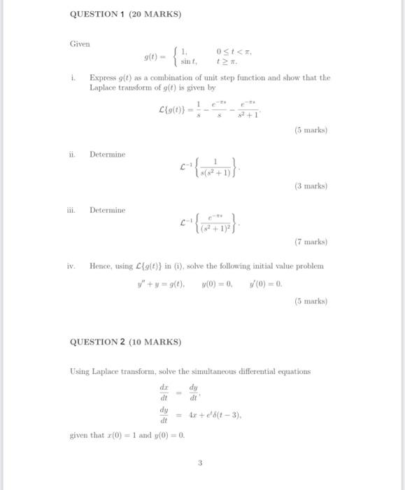 Question 1 20 Marks Given Gt 1sint0≤t 