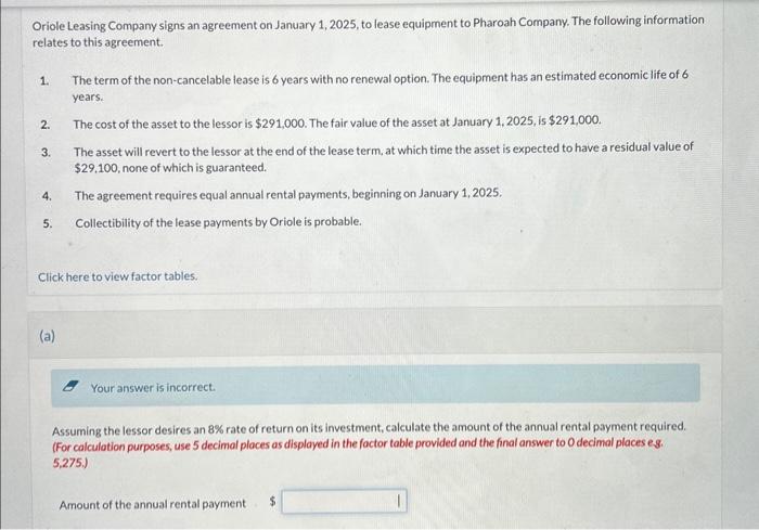 Solved Oriole Leasing Company signs an agreement on January | Chegg.com