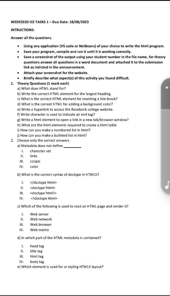 Solved WEDE5020 ICE TASKS 1 - Due Date: \\( 18 / 08 / 2023 | Chegg.com
