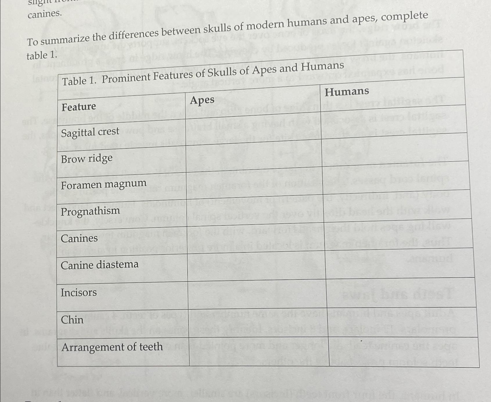 Solved canines.To summarize the differences between skulls | Chegg.com