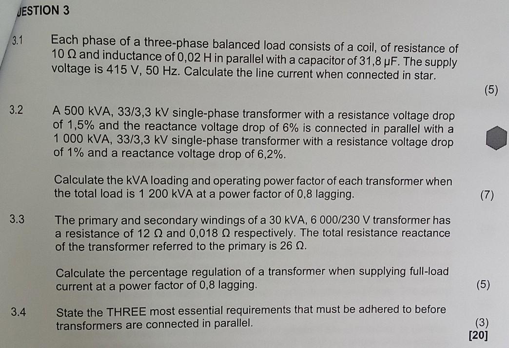 Solved 3.1 Each phase of a three-phase balanced load | Chegg.com