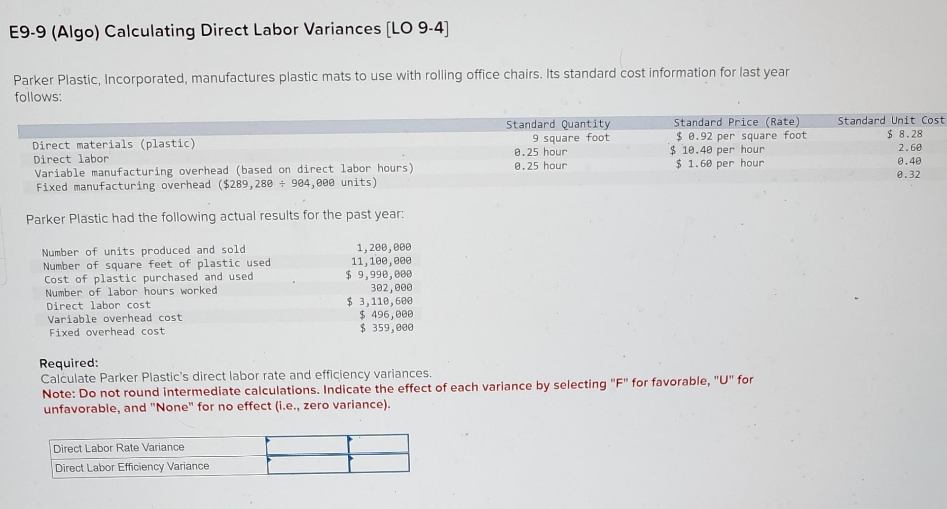 Solved E9-9 (Algo) Calculating Direct Labor Variances [LO | Chegg.com