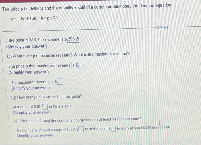 Solved The price p (in dollars) and the quantity x sold of a | Chegg.com