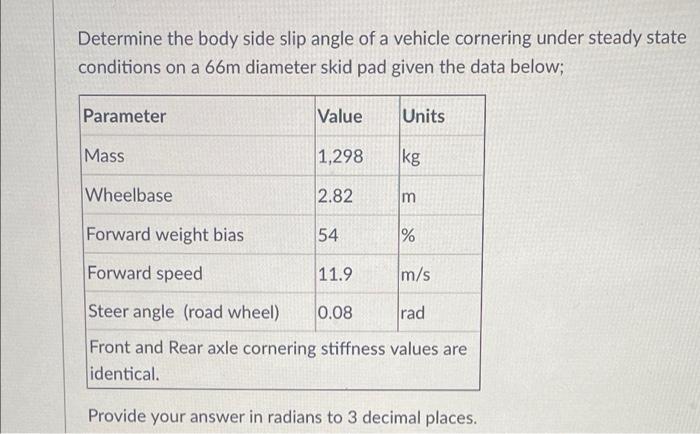 Solved Determine the body side slip angle of a vehicle | Chegg.com