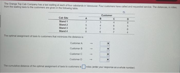 Solved The Orange Top Cab Company has a taxi waiting at each | Chegg.com