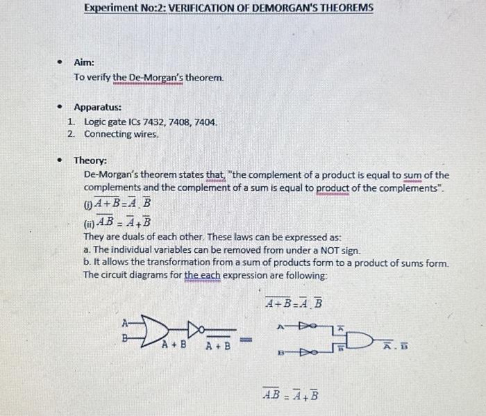 Solved Experiment No:2: VERIFICATION OF DEMORGAN'S THEOREMS | Chegg.com