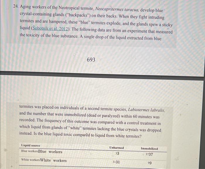 Solved 24. Aging workers of the Neotropical termite, | Chegg.com
