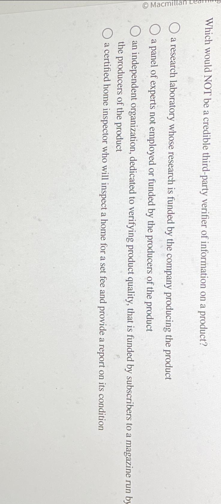 Solved Which would NOT be a credible third-party verifier of | Chegg.com