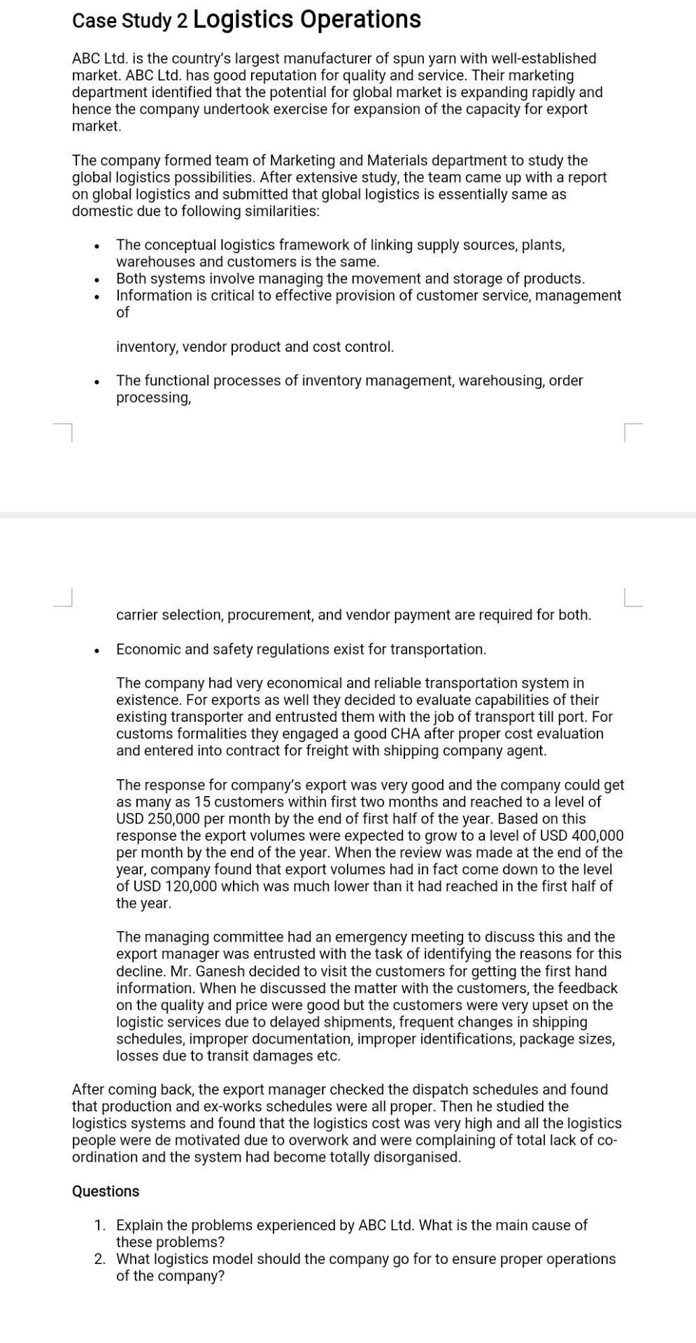Solved Case Study 2 Logistics Operations ABC Ltd. is the | Chegg.com
