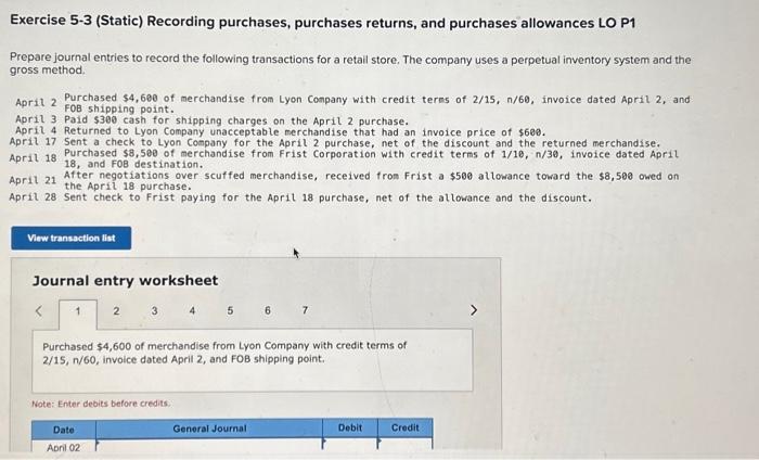 Solved Exercise 5-3 (Static) Recording purchases, purchases | Chegg.com Solved Exercise 5-3 (Static) Recording purchases, purchases | Chegg.com