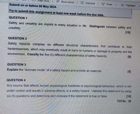 QUESTION 1 Safety and unsafety are implicit in every | Chegg.com
