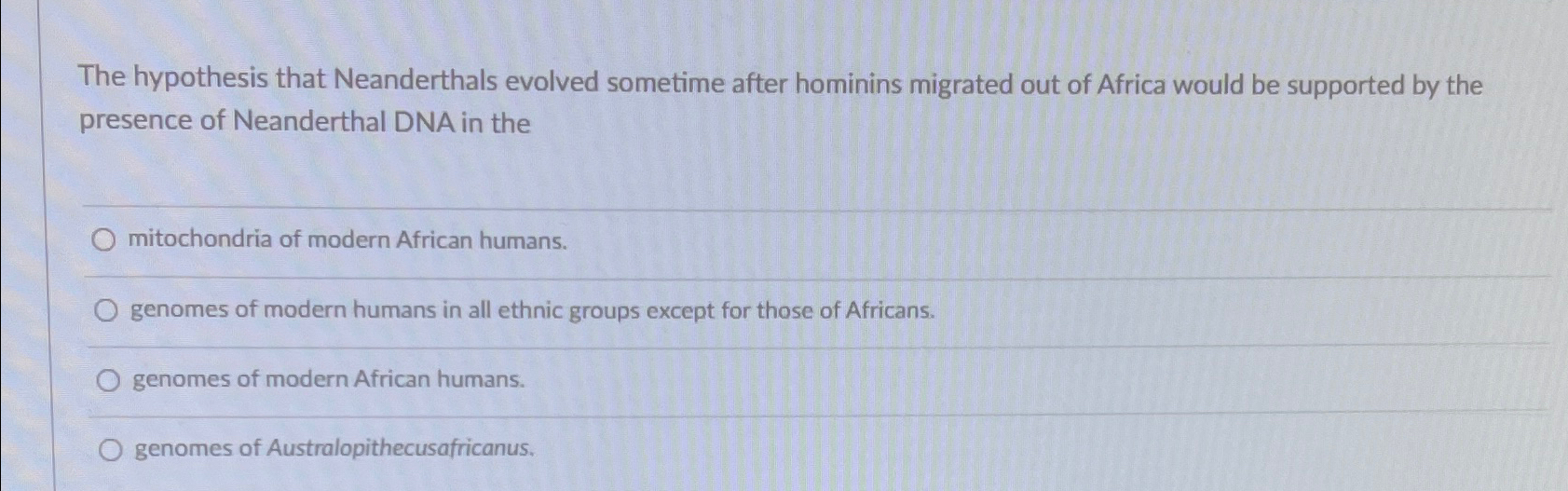 Solved The hypothesis that Neanderthals evolved sometime | Chegg.com