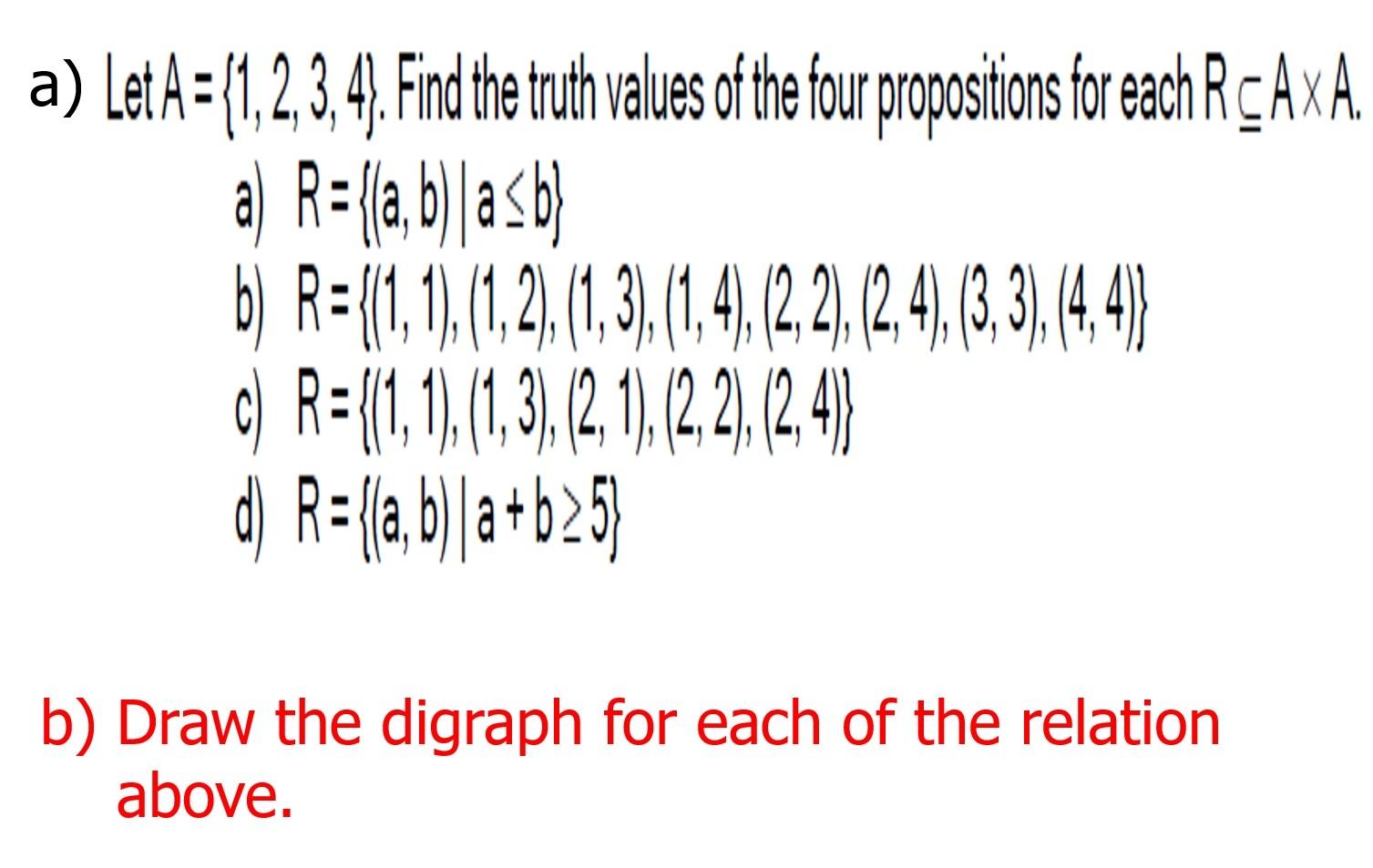 Solved a) L ﻿Let A={1,2,3,4}. ﻿Find the truth values of the | Chegg.com