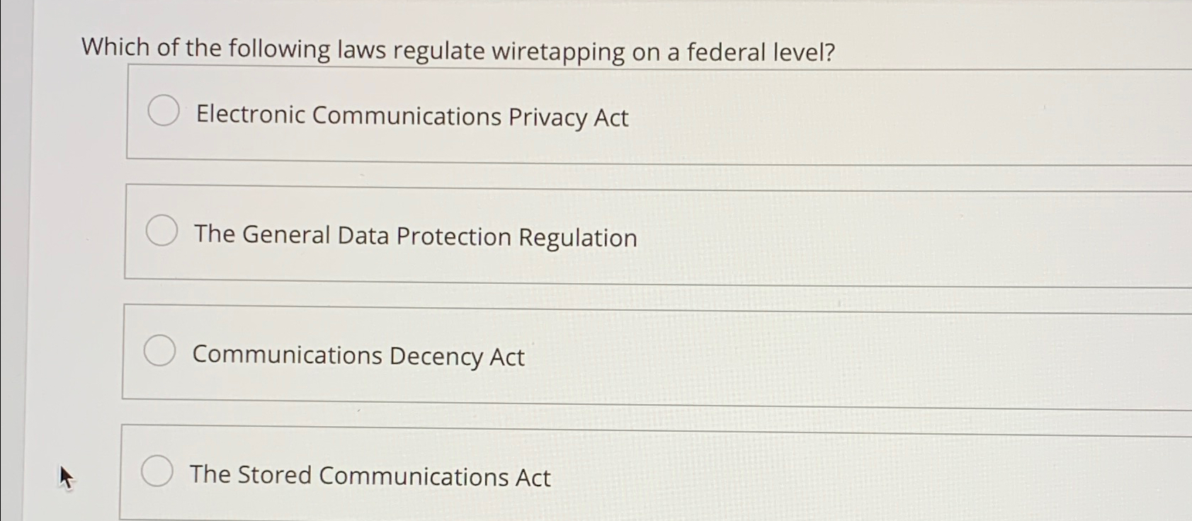 Solved Which of the following laws regulate wiretapping on a | Chegg.com