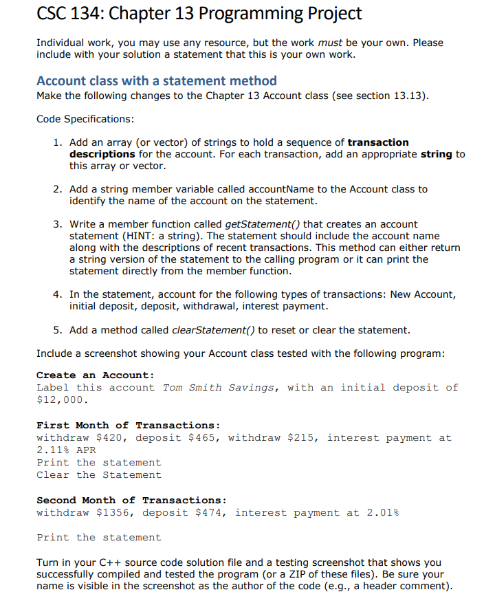 Solved CSC 134: Chapter 13 ﻿Programming ProjectIndividual | Chegg.com