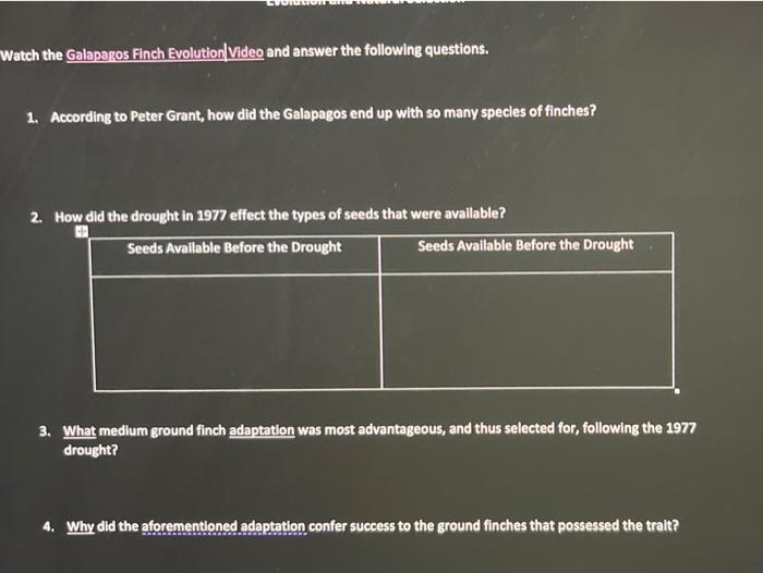 Solved Watch the Galapagos Finch Evolution Video and answer | Chegg.com