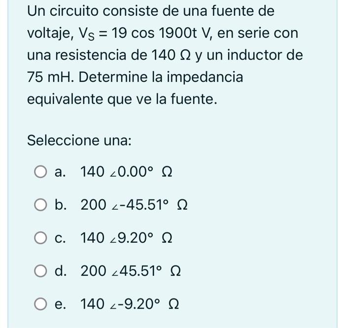 Solved Un circuito consiste de una fuente de voltaje, Vs = | Chegg.com