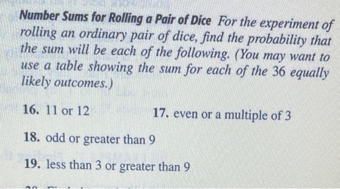 Solved Number Sums for Rolling a pair of Dice For the | Chegg.com