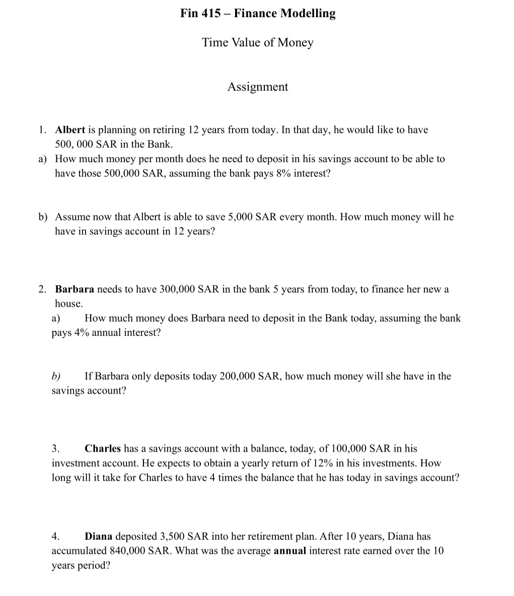 Solved Fin 415 - ﻿Finance ModellingTime Value of | Chegg.com