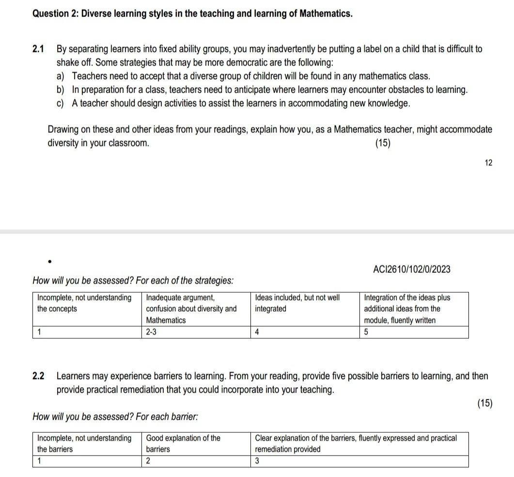 Solved Question 2: Diverse learning styles in the teaching | Chegg.com