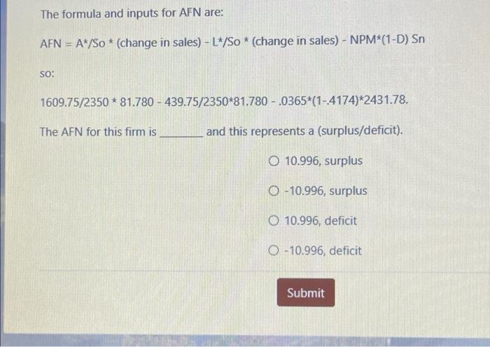 Solved The formula and inputs for AFN are: * AFN = A*/So * | Chegg.com
