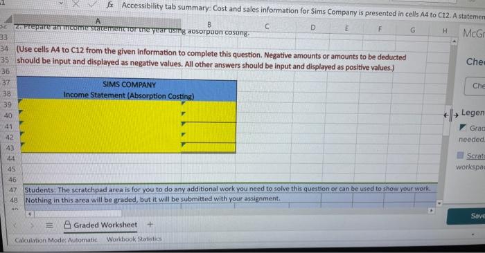 Solved A1 1 2 7 X fx Accessibility tab summary: Cost and | Chegg.com