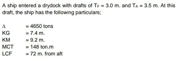 Solved A ship entered a drydock with drafts of TF = 3.0 m. | Chegg.com Solved A ship entered a drydock with drafts of TF = 3.0 m. | Chegg.com