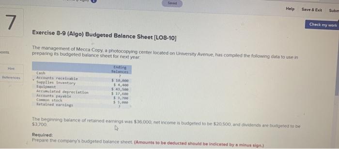 Solved ad Help Save & Ex Subur 7 Check my work Exercise 8-9 | Chegg.com