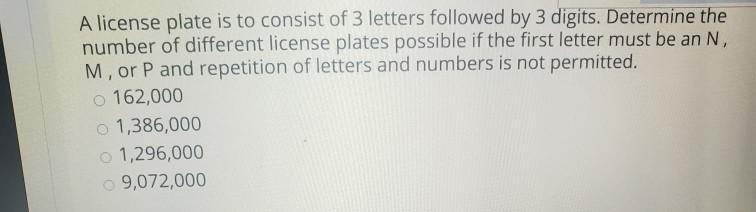 Solved A license plate is to consist of 3 letters followed | Chegg.com