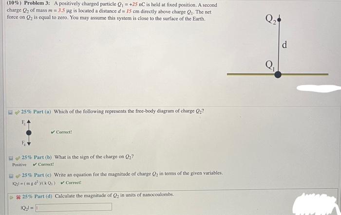 Solved (10%) Problem 3: A positively charged particle Q1 = | Chegg.com