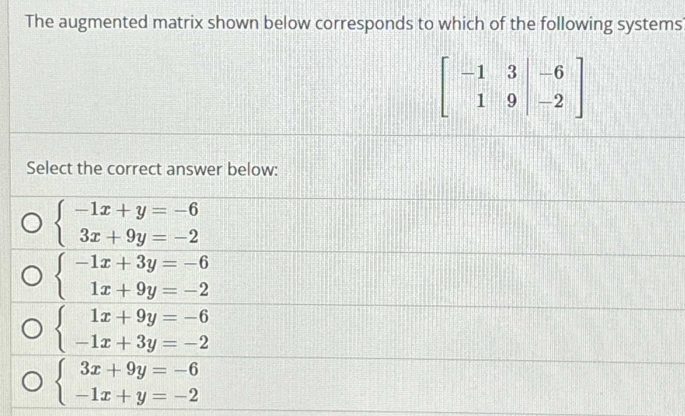 Solved The augmented matrix shown below corresponds to which | Chegg.com