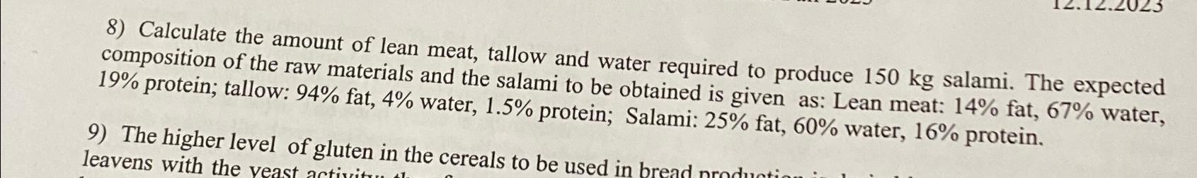 Solved Calculate the amount of lean meat, tallow and water | Chegg.com