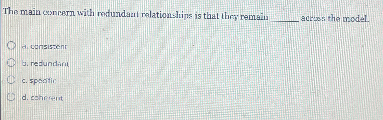 Solved The main concern with redundant relationships is that | Chegg.com