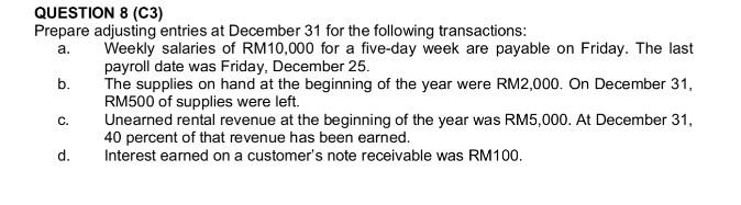 Solved QUESTION 8 (C3) Prepare adjusting entries at December | Chegg.com