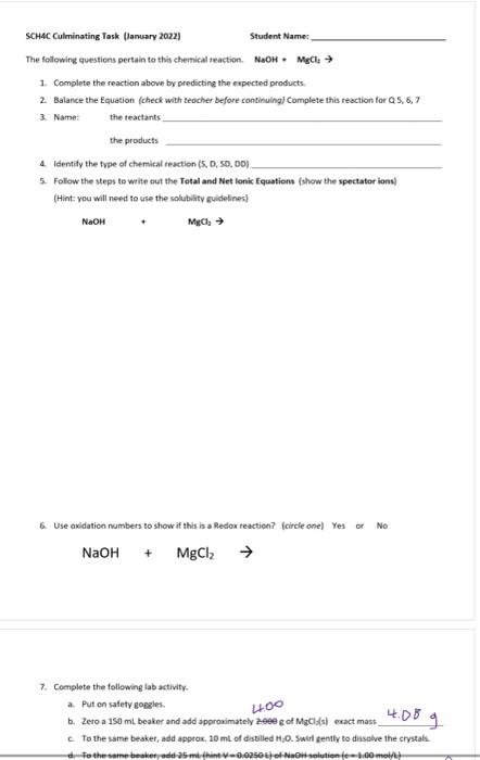 Solved SCH4C Culminating Task (January 2022) Student Name: | Chegg.com