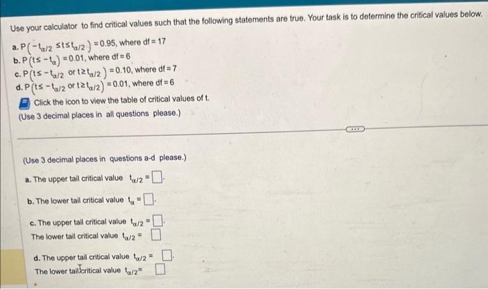 Solved Use Your Calculator To Find Critical Values Such That