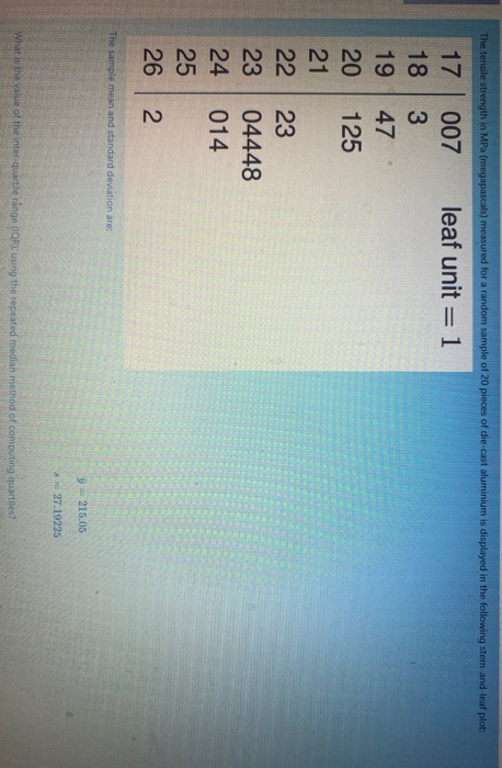Solved The tensile strength in MPa (megapascals) measured | Chegg.com