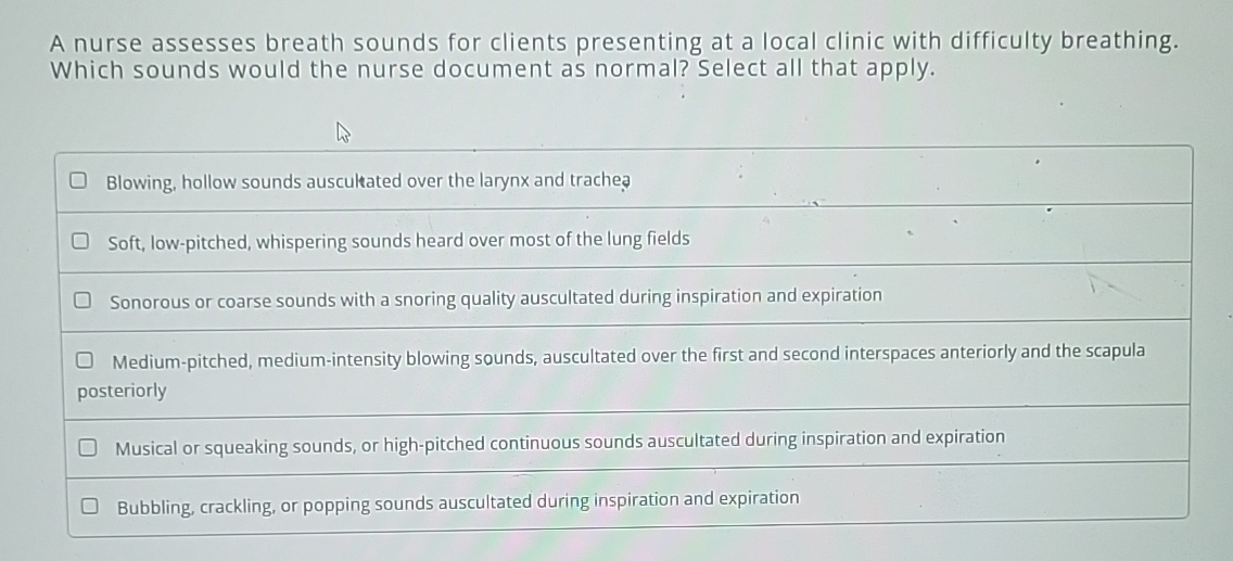 A nurse assesses breath sounds for clients presenting | Chegg.com