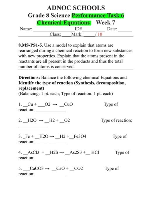 Solved ADNOC SCHOOLS Grade 8 Science Performance Task 6 | Chegg.com